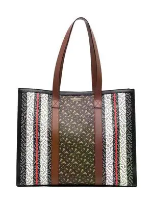 Burberry 2018-2026 Tb Monogram E Canvas Stripe Book Tote Bag - Brown