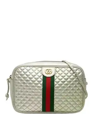 Gucci Small Quilted Metallic Calfskin Web Trapuntata Cross Body Bag - Silver