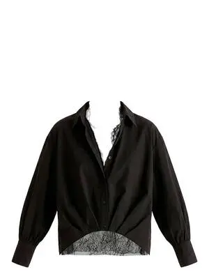 PAISIE Two-piece Pleated Waist Shirt Set With Lace Camisole Underlay - Black