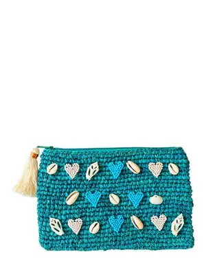 OHSUN Blue / White Juno Embroidered Raffia Clutch Turquoise - Blue/white