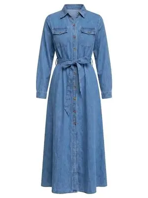 TANTRA SPAIN SL Midi Shirt Dress With Chest Pockets, Flared Skirt, And Belt Light Denim - Blue