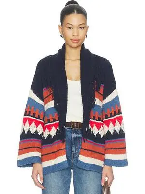Autumn Cashmere Southwest Fringe Shawl Collar Wrap - Navy