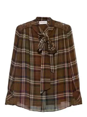 ERMANNO FIRENZE Check-print Lace-trim Blouse - Brown