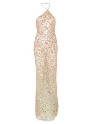 THE NEW ARRIVALS ILKYAZ OZEL Sequin-embellished Halterneck Maxi Dress - Neutrals