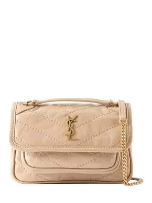 Saint Laurent Niki Mini Cassandre-embellished Crinkled-leather Shoulder Bag Neutrals
