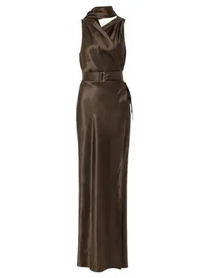 Ralph Lauren Rynn Belted Silk-duchesse Halterneck Gown - Brown