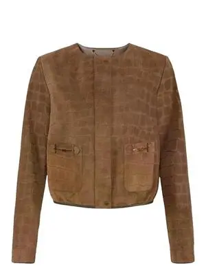 Elisabetta Franchi Jacket In Suede Fabric With Alligator Print - Brown