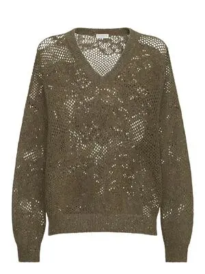 Brunello Cucinelli Open-work Embellished V-neck Sweater - Green