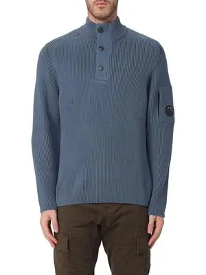 C.P. COMPANY Slim Fit Mock Neck Sweater In Cotton Blend With Buttons - Blue