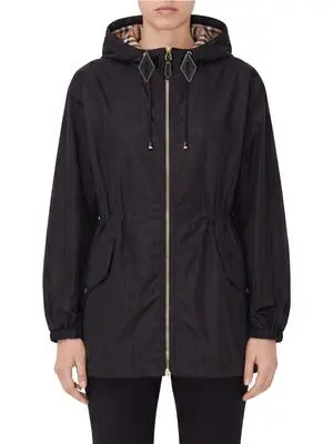 Burberry Cropped Hooded Nylon Windbreaker Jacket With Zip Closure - Black