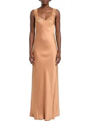 FORTE_FORTE Long Satin Slip Dress With Lace Inserts - Beige