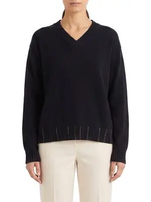 Fabiana Filippi Wool Silk Cashmere V-neck Sweater With Jewel Detail - Black
