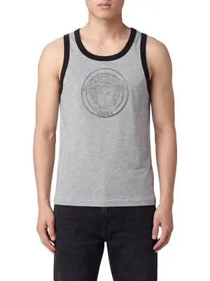 Versace Medusa Logo Embroidered & Rhinestone Cotton Tank Top - Grey