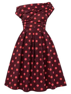 GIRL IN MIND Polka Dot Asymmetric Neckline Skater Midi Dress - Pink