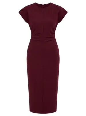 GIRL IN MIND Ruched Waist Short Sleeve Midi Dress - Red