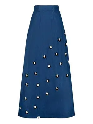 ÚCHÈ Cowrie Detail Denim Maxi Skirt - Blue