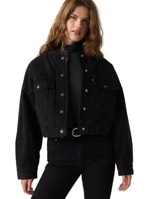 LEVI'S Collarless Cropped Sherpa Trucker Jacket - Black