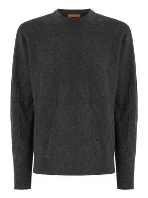 Missoni Crew Neck Sweater In Pure Cashmere With Chevron Pattern - Grey