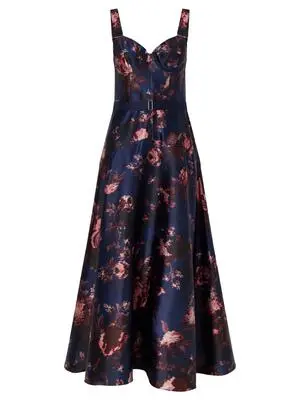 Erdem Belted Floral-print Duchess-satin Bustier Midi Dress - Blue