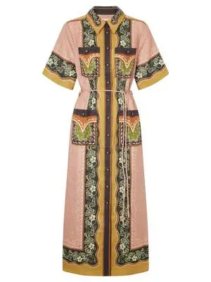ALEMAIS Darcey Belted Printed Hemp Midi Dress - Multi
