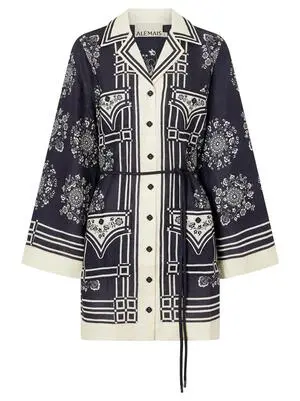 ALEMAIS Banderra Belted Printed Linen Mini Dress - Black
