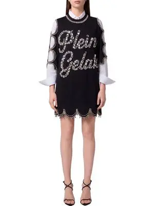 Philipp Plein Cut-out Cotton Sheath Mini Dress With Rhinestones - Black