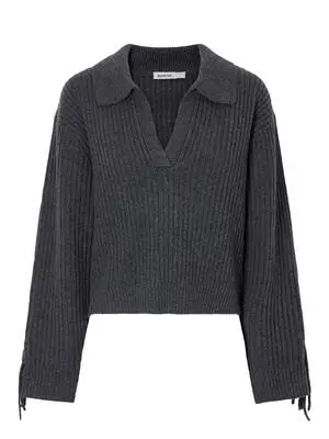 Simkhai Natalia Fringed Ribbed Wool And Recycled Cashmere-blend Polo Sweater - Gray