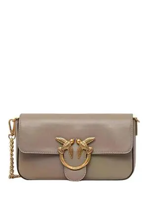 Pinko Love Birds-Hardware Leather Crossbody Bag Grey
