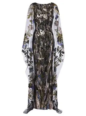Elie Saab Floral Sequined Cape Gown - Multicoloured
