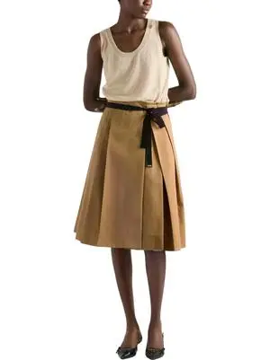 Prada Gabardine Skirt With Pleats And Contrast Belt - Neutrals
