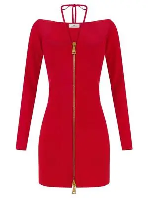 Elisabetta Franchi Knit Mini Dress With Off-the-shoulder Design And Front Zip - Red