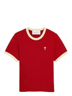 AMI Paris Contrasted Cotton T-shirt With De Coeur Embroidery - Red
