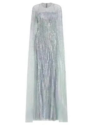 Jenny Packham Cosmic Dust Embellished Gown With Cape Sleeves - Silver