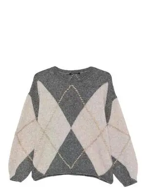 LUISA CERANO Argyle Patterned Whipstitch Trim Crew Neck Sweater - Grey