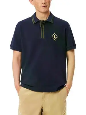 Lacoste Logo-patch Striped-trim Polo Shirt - Blue