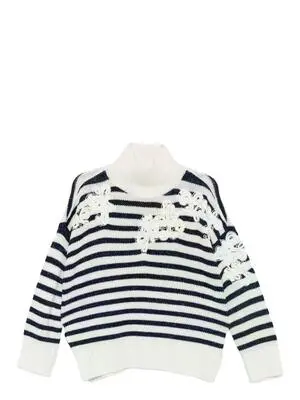 ERMANNO FIRENZE Striped Floral Appliqué Mock Neck Sweater - Neutrals