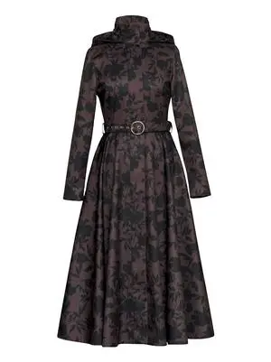 RAINSISTERS Floral Brocade A-line Coat - Brown