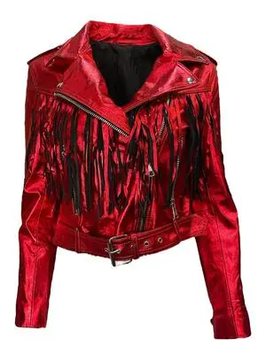 ANY OLD IRON Red Peril Metallic Leather Fringe Moto Jacket - Red/silver