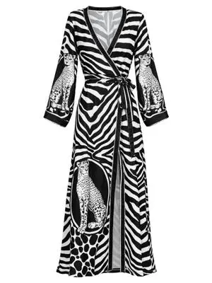 ANNIA LOUISA Maxi Wrap Dress With Animal Print And Crystal Embellishments - Black/white