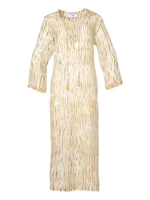 TIGER AND THE MONKEY Neutrals / The Ruthie Silk And Organic Cotton Yellow Tiger Print Embroidered Kaftan Dress - Brown