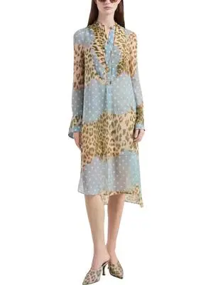 Nina Ricci Leopard And Polka-dot Print Shirt Midi Dress - Blue