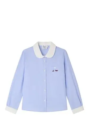 Bonpoint X Maison Kitsuné Cotton Embroidered Shirt With Peter Pan Collar - Blue