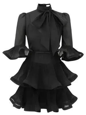 Zimmermann Pleated Tiered Dress With Pussy-bow Collar - Black