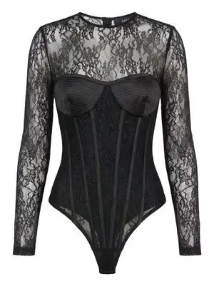 NISSA Lace-panelled Corset-style Bodysuit - Black