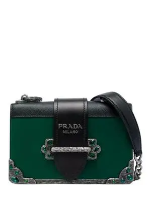 Prada Saffiano Trimmed City Calf Crystal Cahier Crossbody Bag - Black