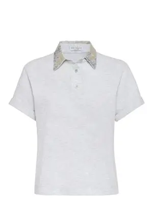 Brunello Cucinelli Embellished Collar Cotton Polo Shirt - Grey