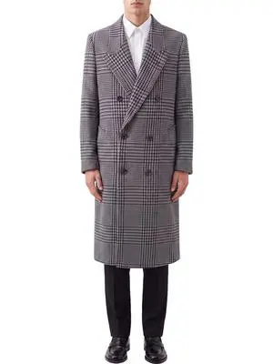 Emporio Armani Long Double-breasted Virgin Wool Houndstooth Coat - Grey