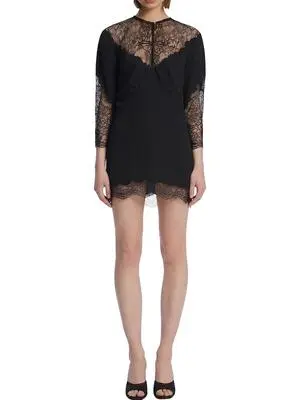 Attico Virgin Wool Knit Mini Dress With Lace Inserts - Black