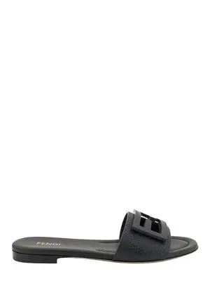 Fendi Baguette Ff Monogram Leather Mules With Low Heel - Black
