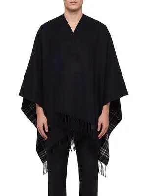 Burberry Asymmetrical Wool Cape With Fringed Edges - Black